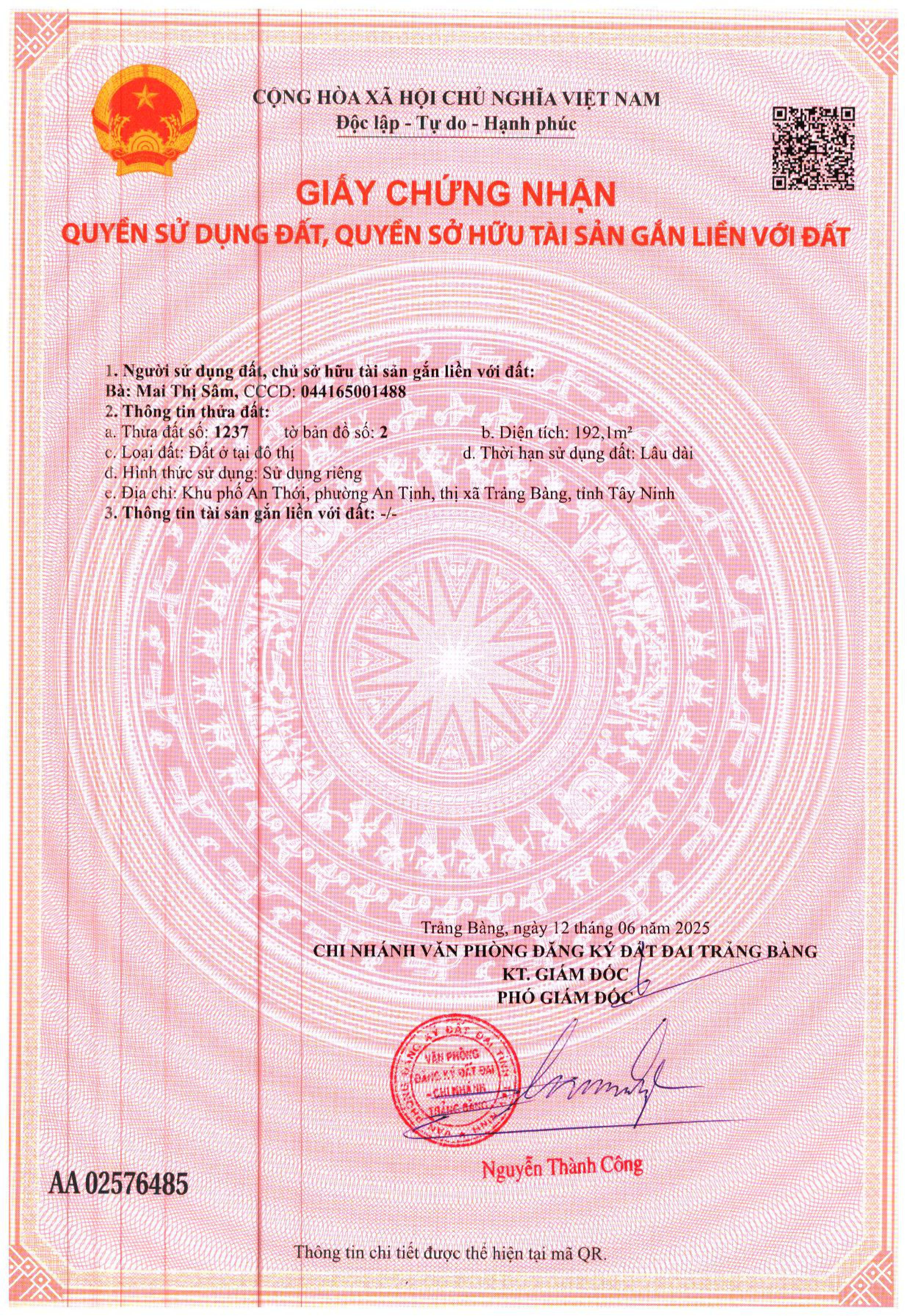 SIÊU PHẨM ĐẤT NỀN TRẢNG BÀNG – 192m² THỔ CƯ – GIÁ ĐẦU TƯ CỰC TỐT