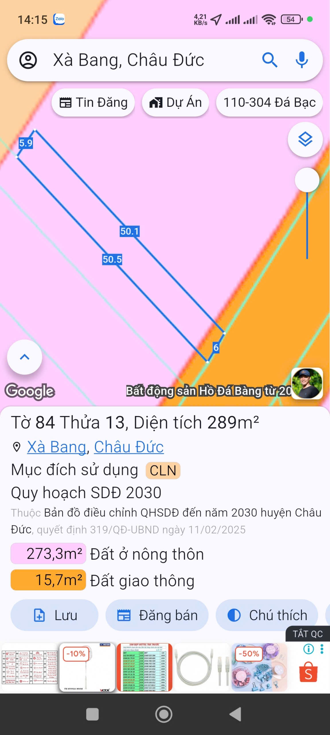 Bán đất 289m² ngang 6m giá 1.5 tỷ Xã Châu Đức