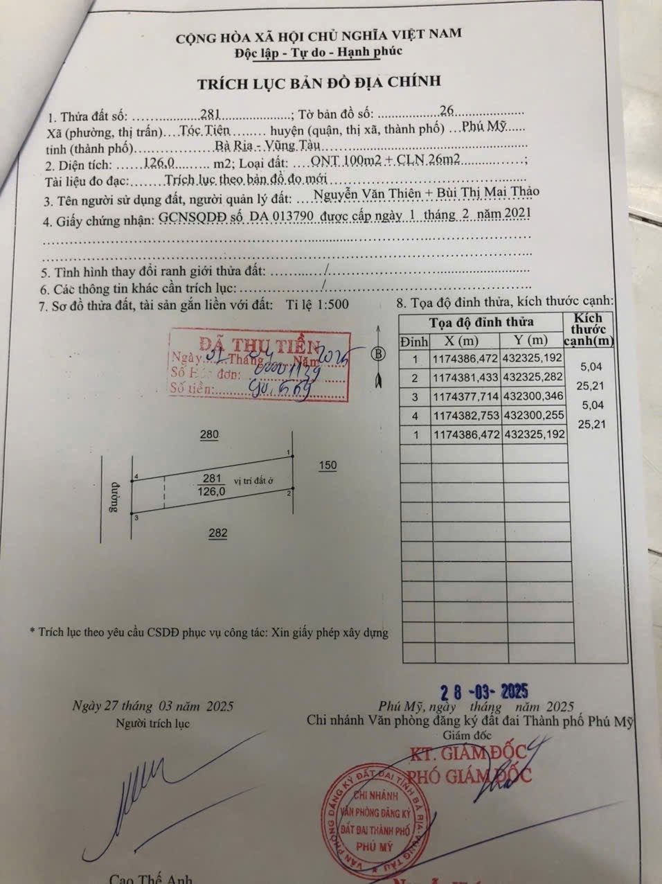 Bán đất 126m² có sẵn 100m2 thổ cư ngang 5m giá 1.05 tỷ Xã Châu Pha, Phú ...
